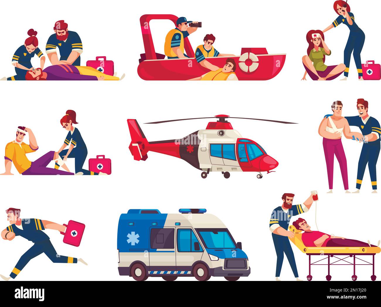Emergency cartoon icons set with safety and first aid professionals ...
