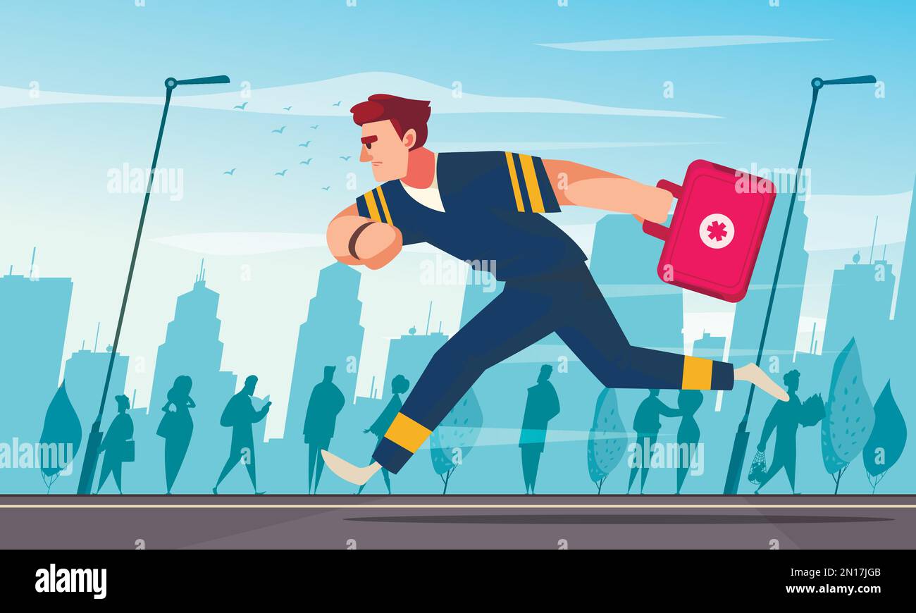 Emergency cartoon poster with er paramedic specialist running vector ...