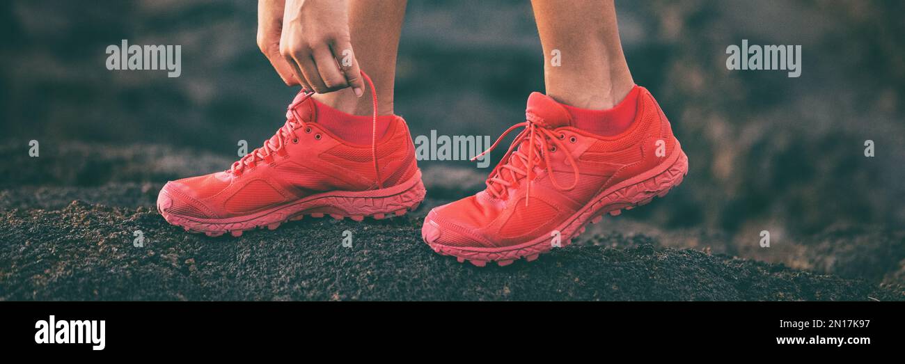 Walking woman tying shoe laces getting ready to walk or run lacing red running shoes banner ...