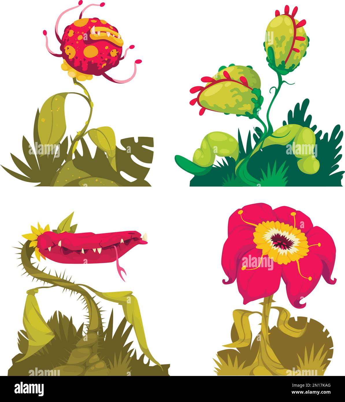 Carnivorous monster plant cartoon icons set with dangerous flowers and ...