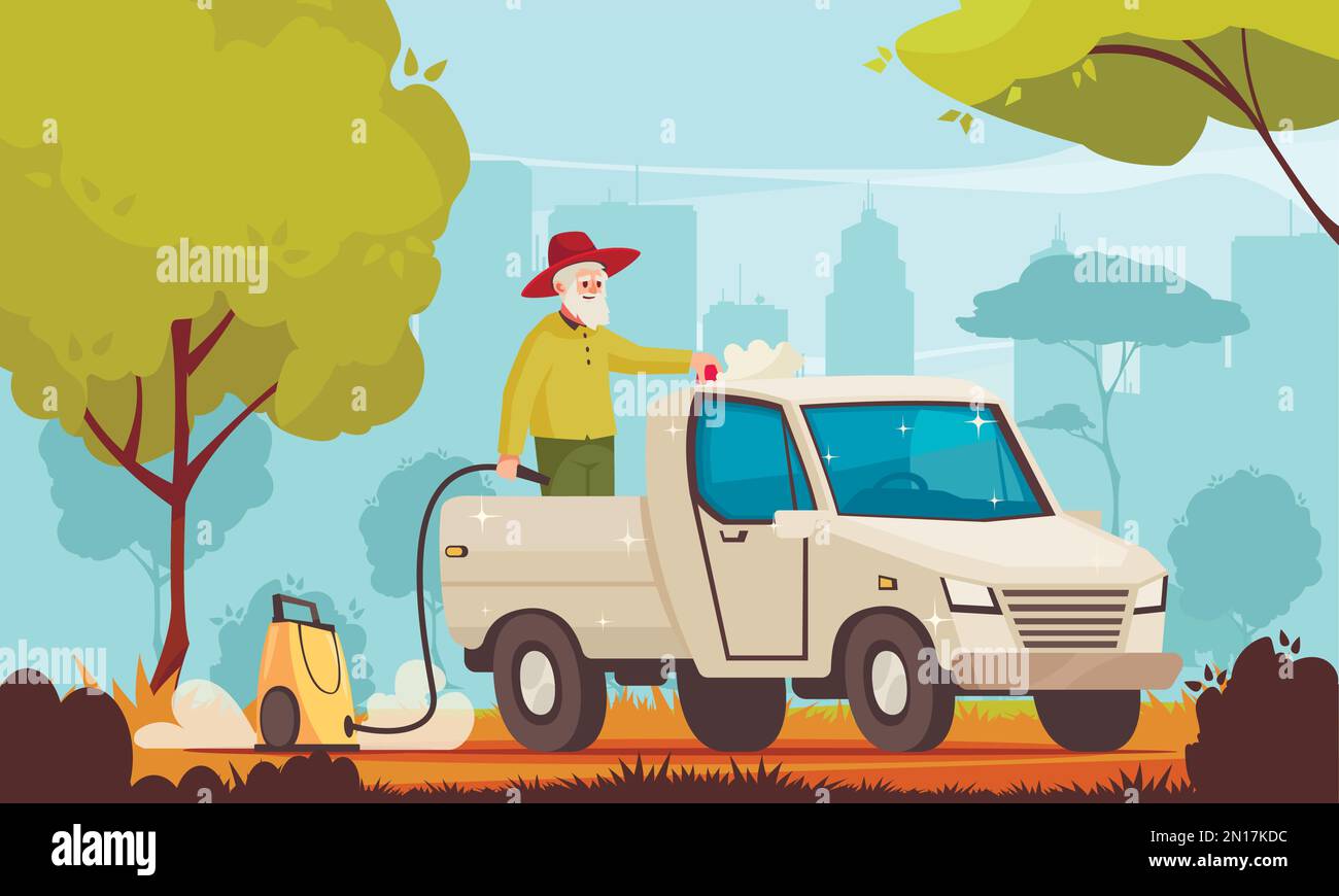 Car wash cartoon poster with old man cleaning his van vector ...