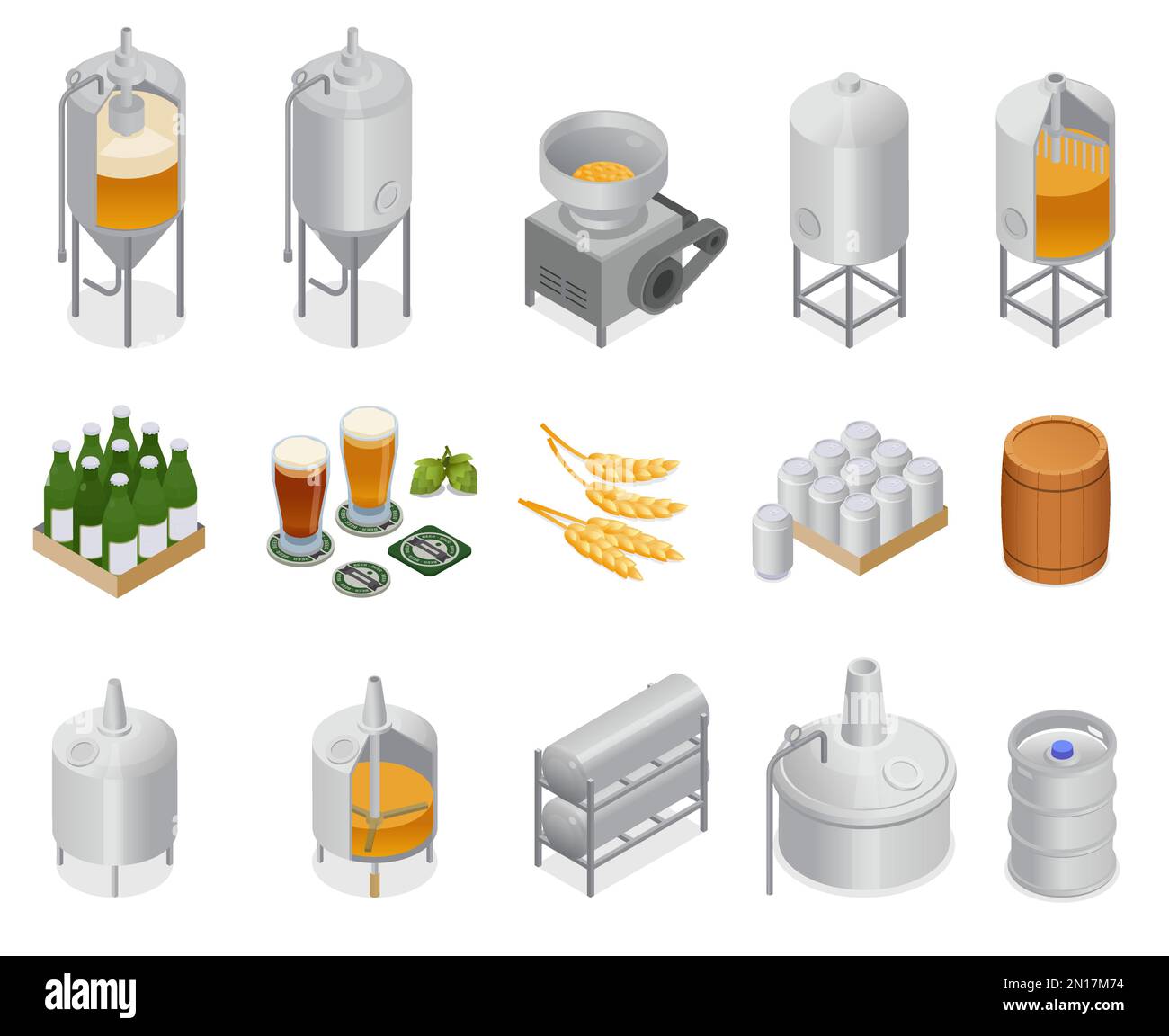 Brewery beer production isometric set with isolated icons of factory ...