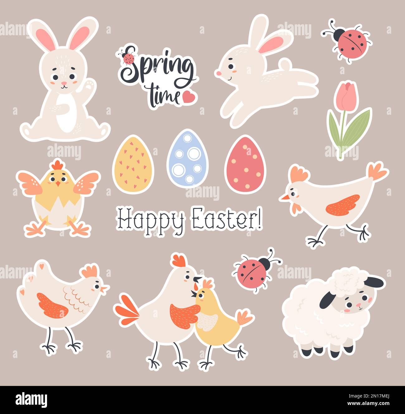 Easter stickers. Collection cute paschal animals, bunny, chick, poultry, sheep, eggs and spring ...