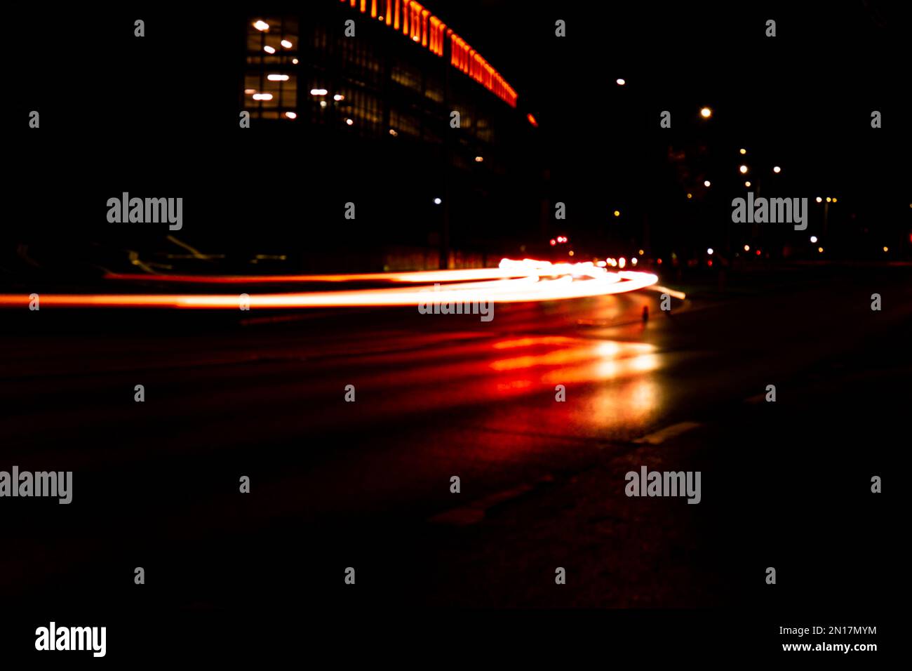 Lights of cars at night. Street line lights. Night highway city. Long ...