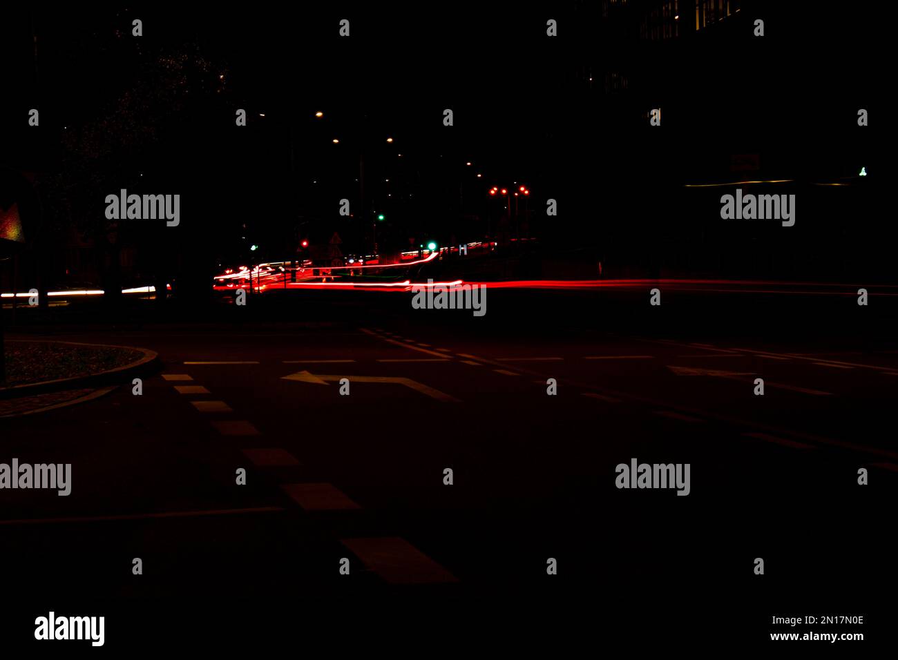 Lights of cars at night. Street line lights. Night highway city. Long ...