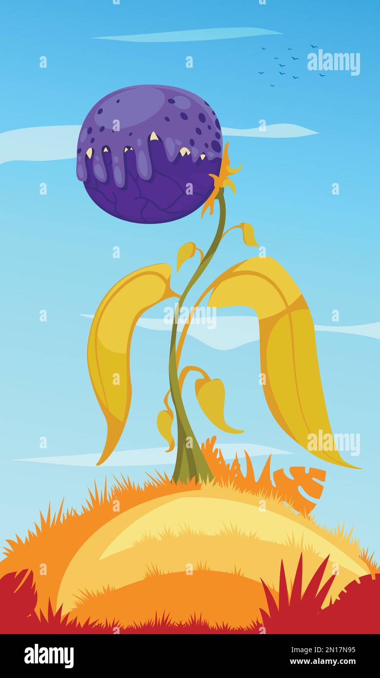 Carnivorous monster plant cartoon poster with wild blue scary flower ...