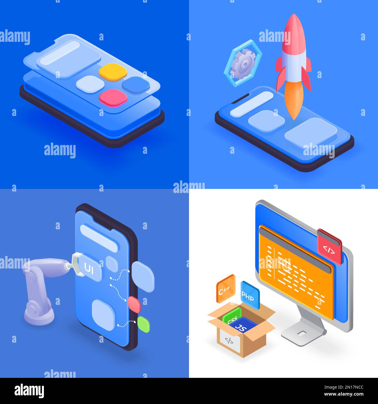 Mobile app development set with compositions of isometric smartphone ui ...