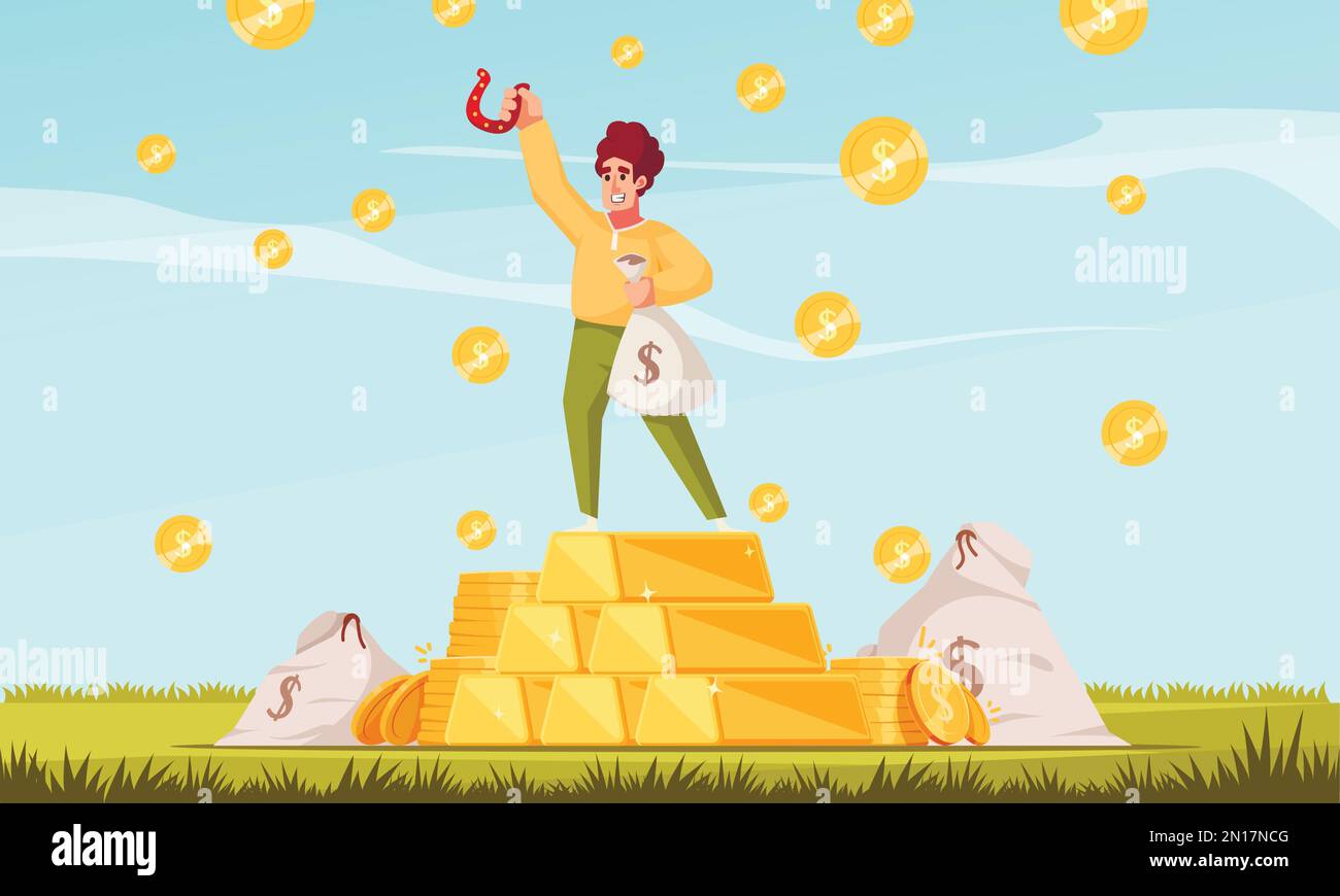 Lottery winning cartoon poster with happy man standing on gold heap ...