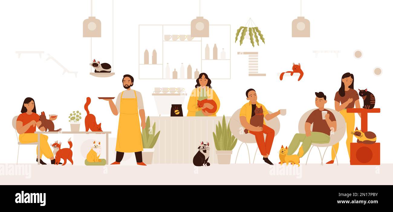 Pets cats cafe composition with indoor cafeteria scenery counter ...