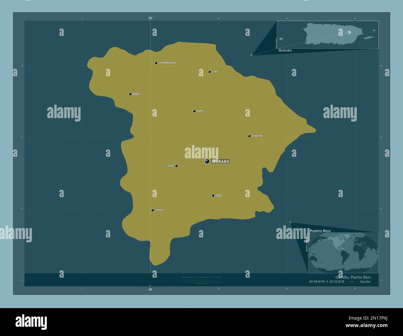 Gurabo, municipality of Puerto Rico. Solid color shape. Locations and ...