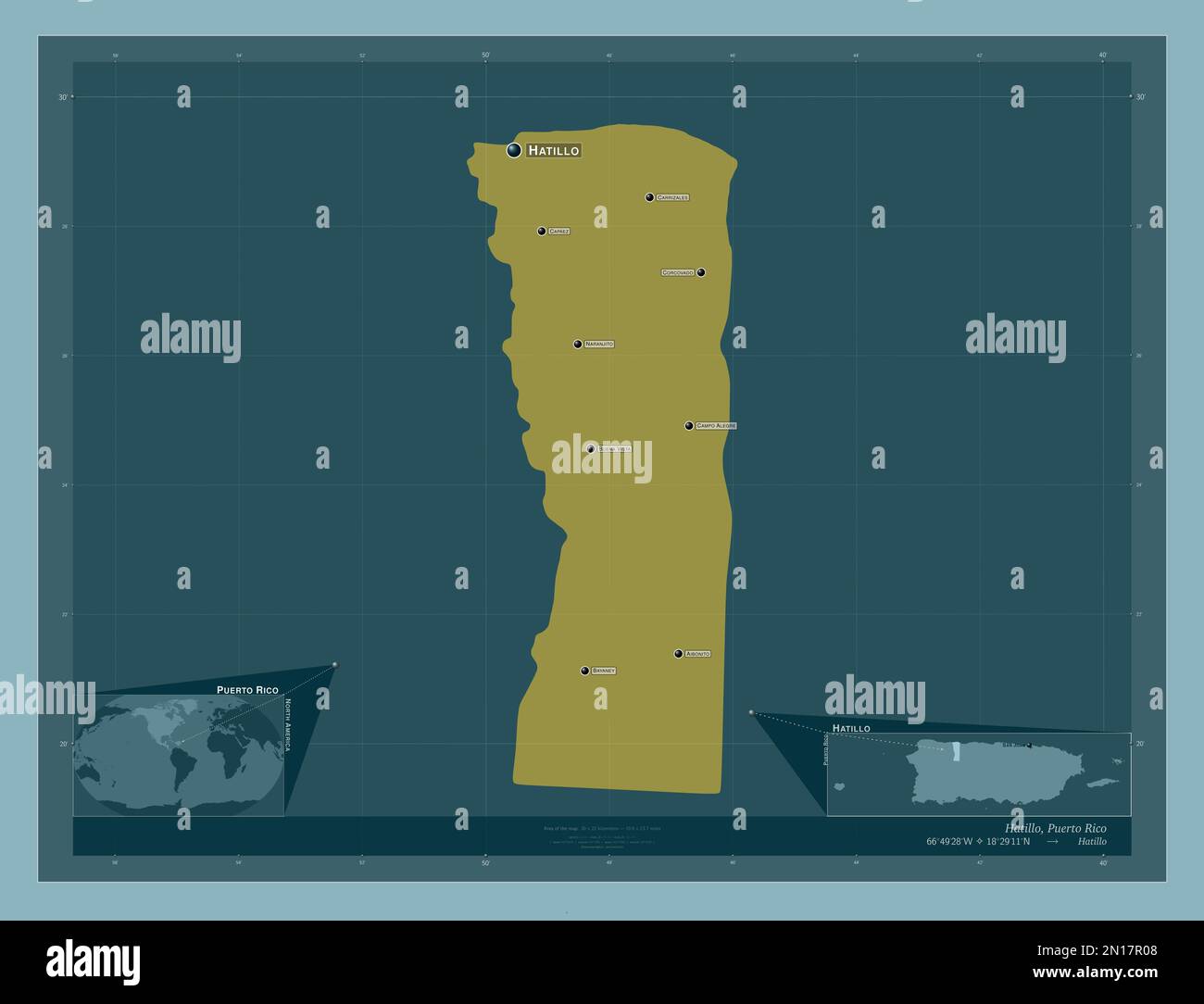 Hatillo, municipality of Puerto Rico. Solid color shape. Locations and ...