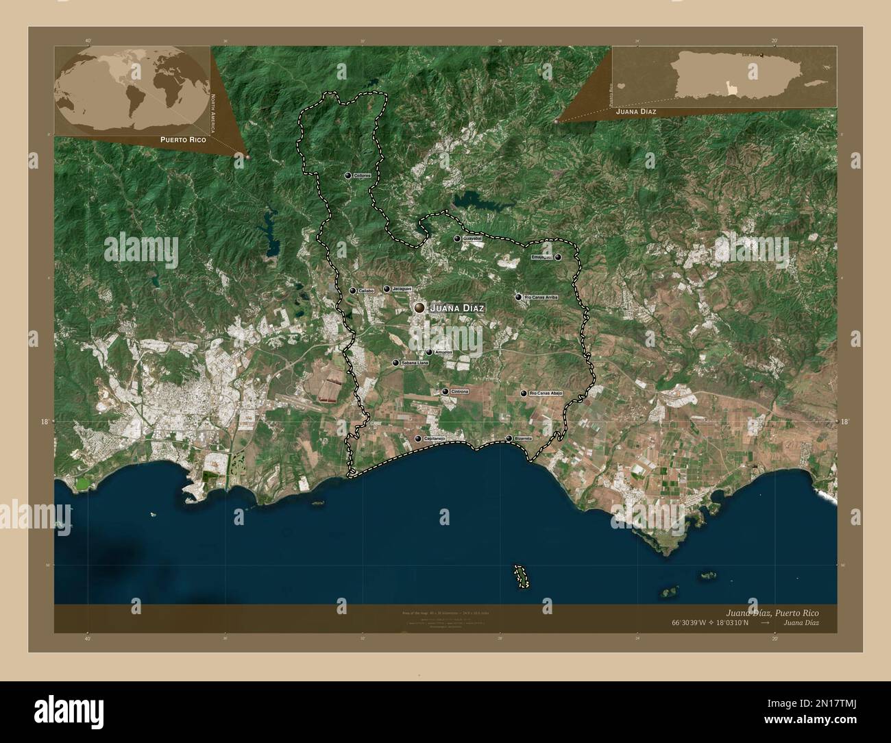 Juana Diaz, municipality of Puerto Rico. Low resolution satellite map ...