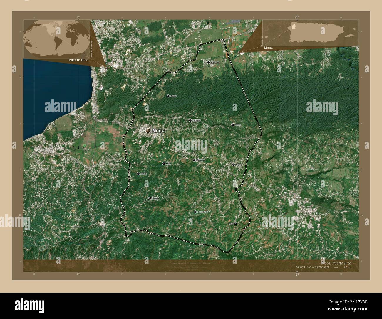 Moca, municipality of Puerto Rico. Low resolution satellite map ...