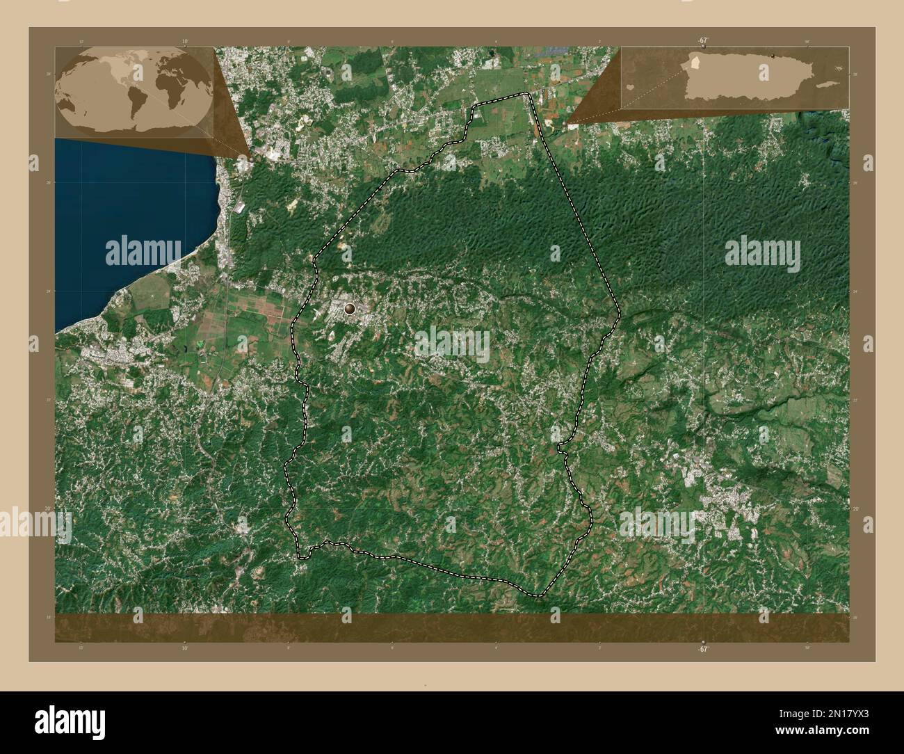 Moca, municipality of Puerto Rico. Low resolution satellite map. Corner ...