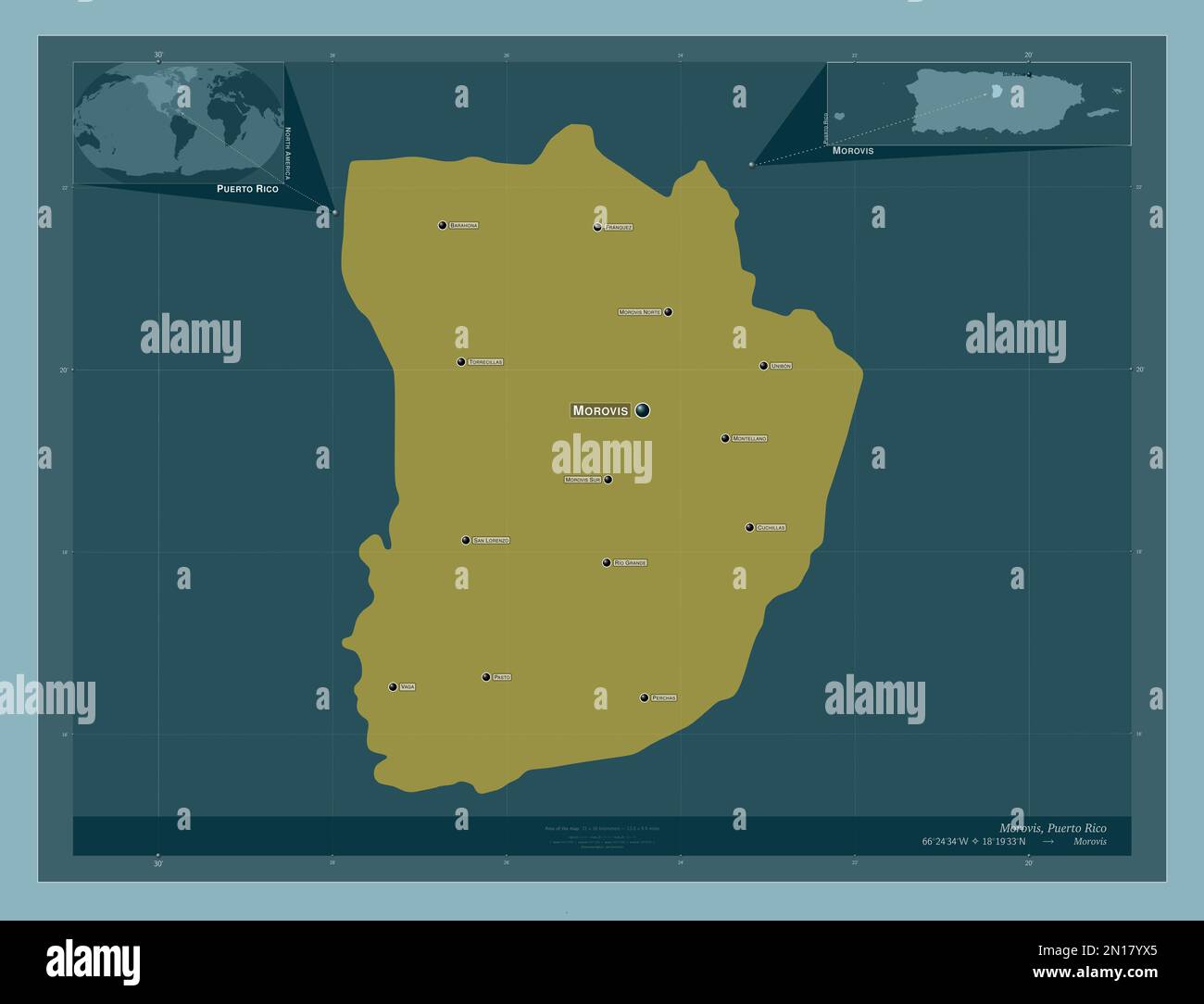 Morovis, municipality of Puerto Rico. Solid color shape. Locations and ...