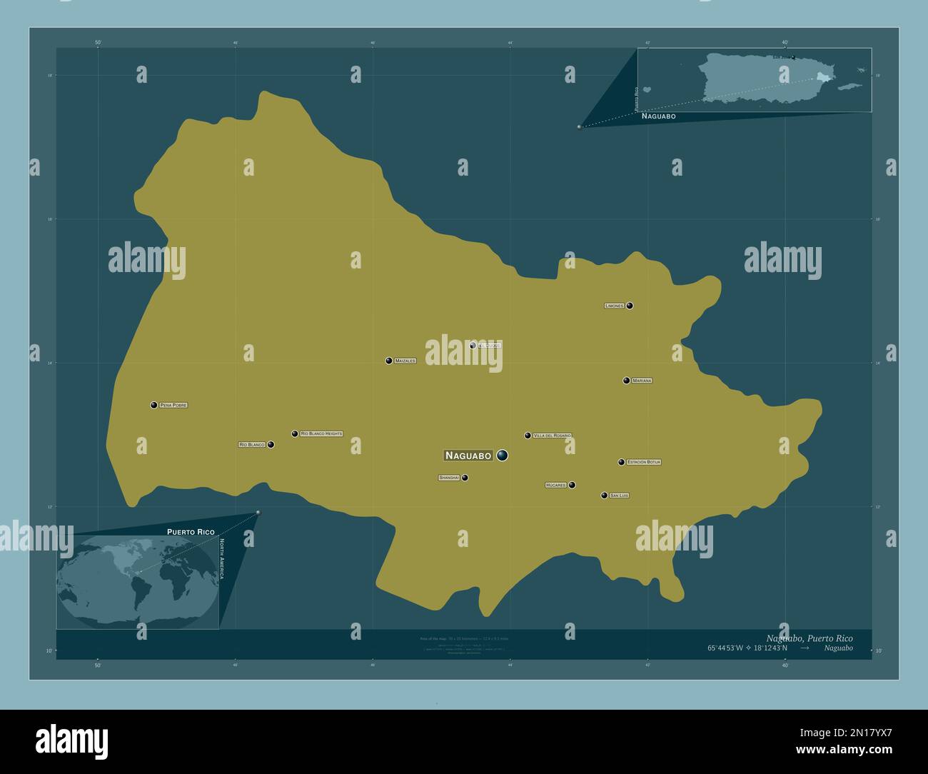 Naguabo, municipality of Puerto Rico. Solid color shape. Locations and ...