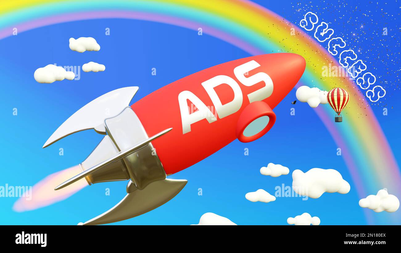 Ads lead to achieving success in business and life. Cartoon rocket ...