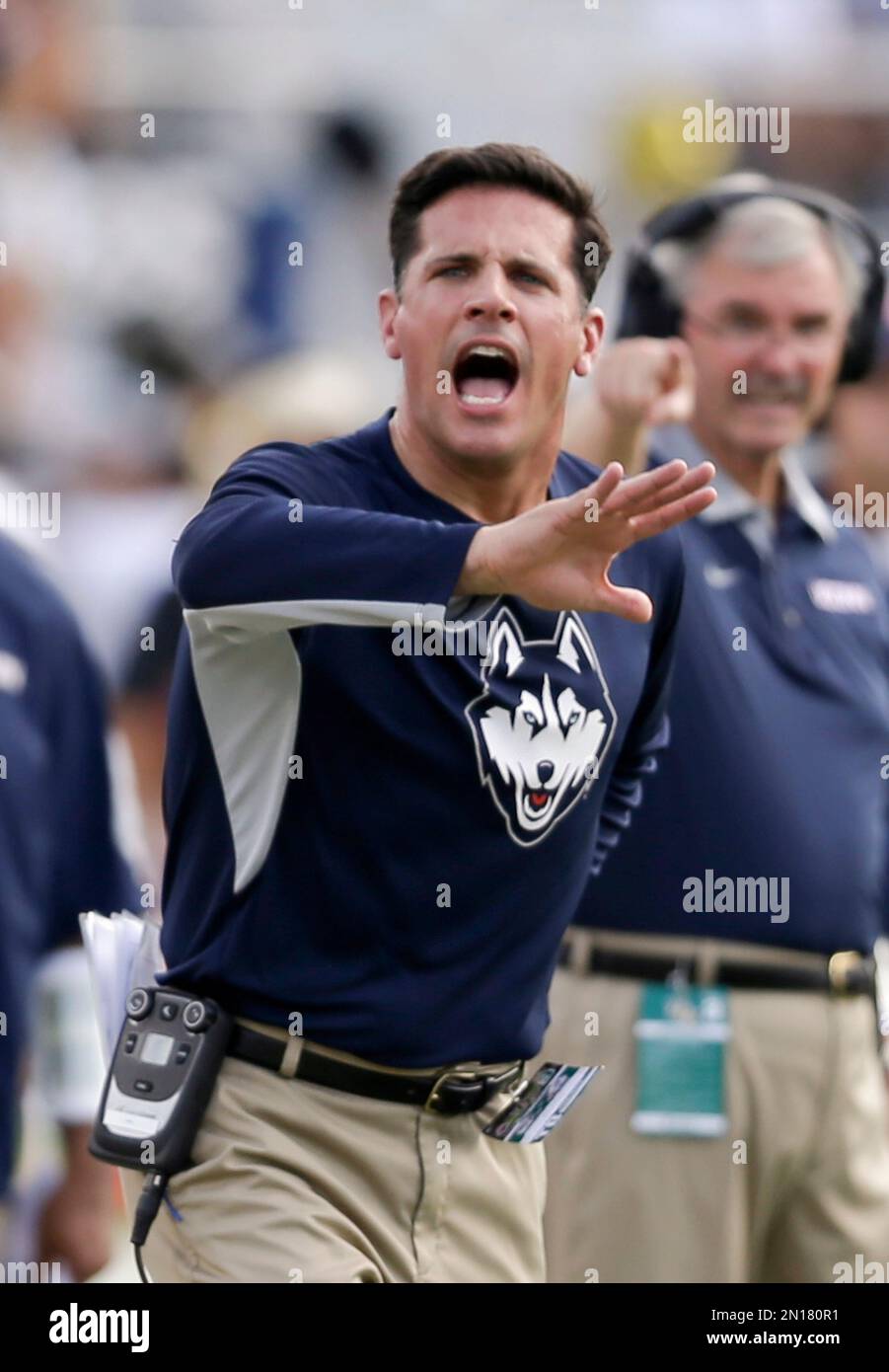 Connecticut head coach Bob Diaco has words with an official during the ...