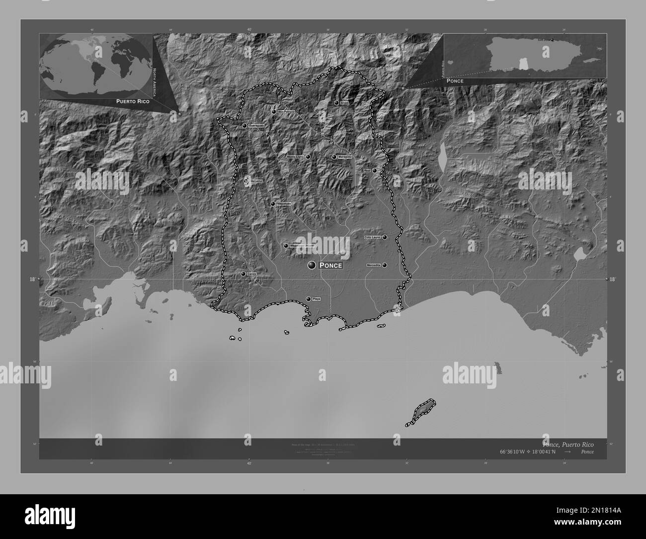 Ponce, municipality of Puerto Rico. Bilevel elevation map with lakes ...