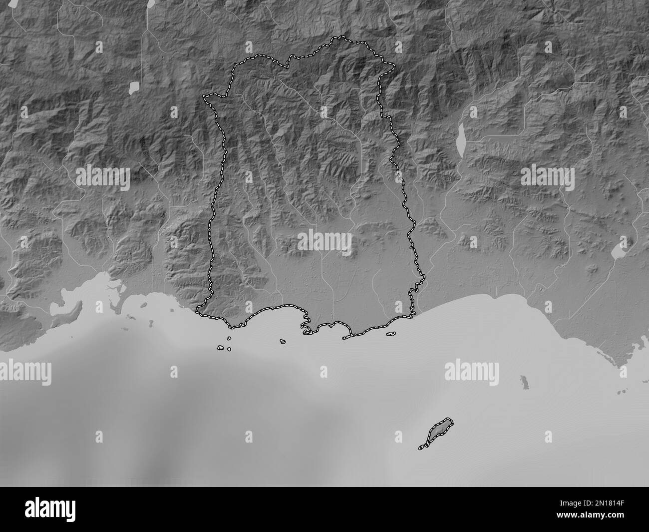 Ponce, municipality of Puerto Rico. Grayscale elevation map with lakes ...