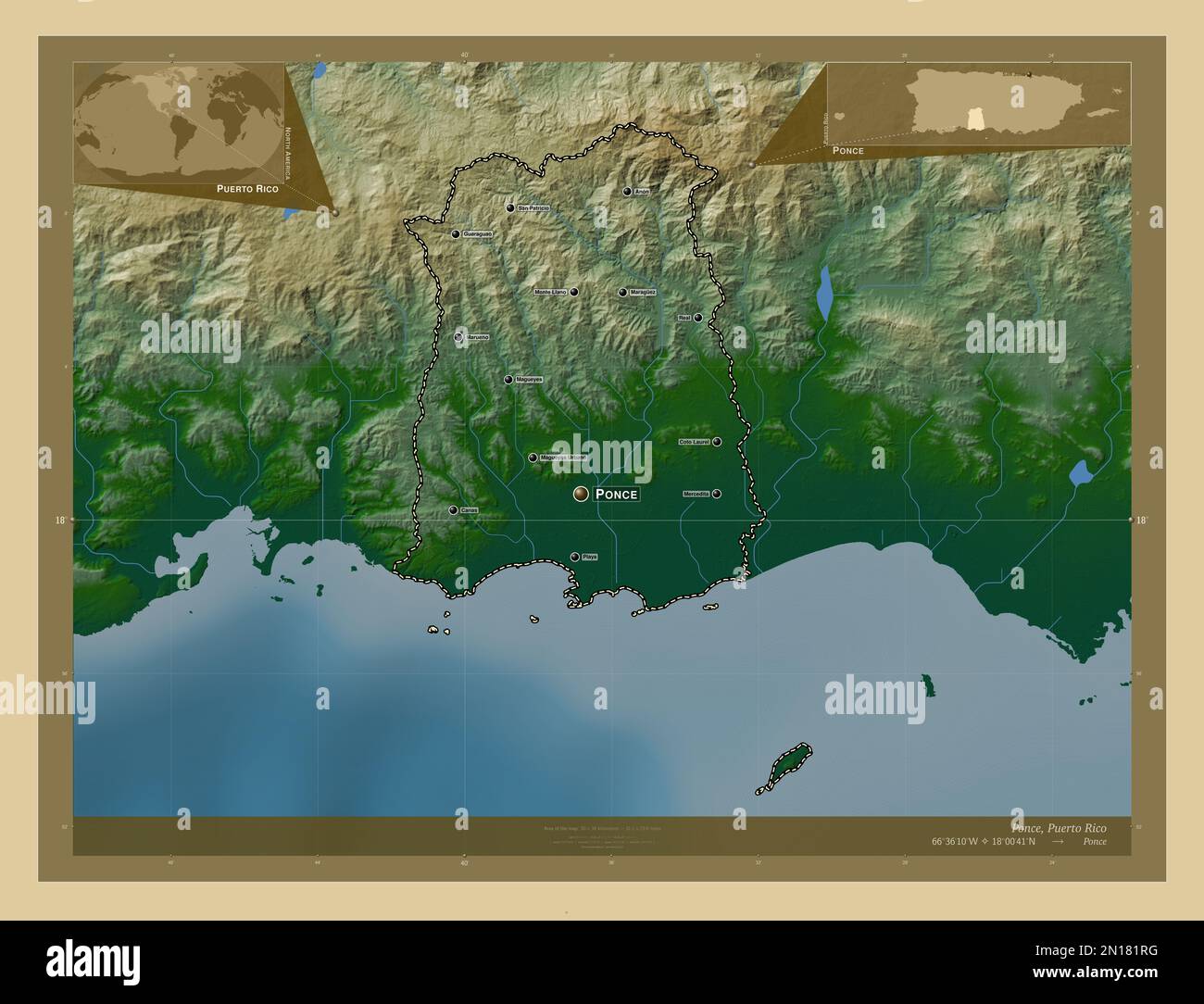 Ponce, municipality of Puerto Rico. Colored elevation map with lakes ...