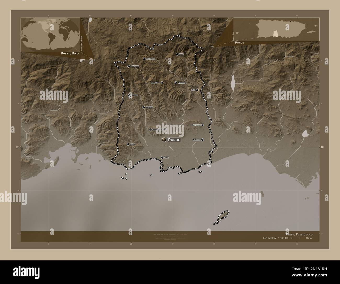 Ponce, municipality of Puerto Rico. Elevation map colored in sepia ...