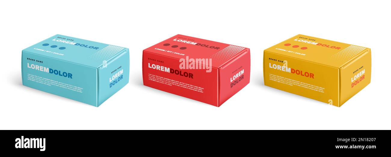 Set with three isolated realistic box mockup images with detailed views ...