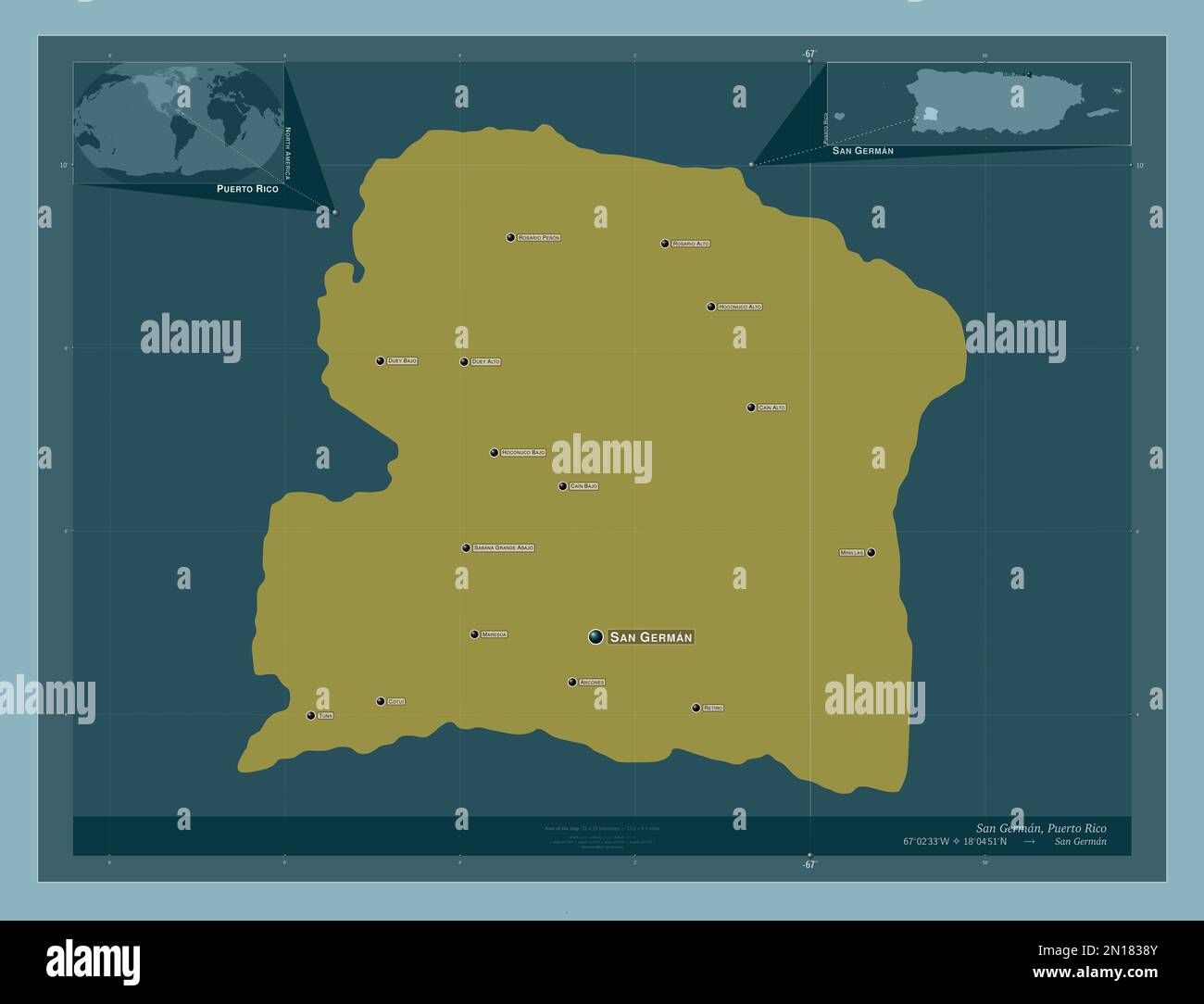 San German, municipality of Puerto Rico. Solid color shape. Locations ...