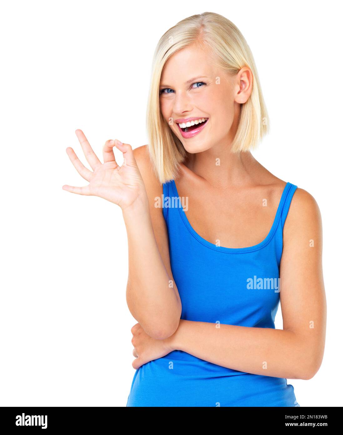 Woman, portrait smile and hands in OK sign for approval, satisfaction ...