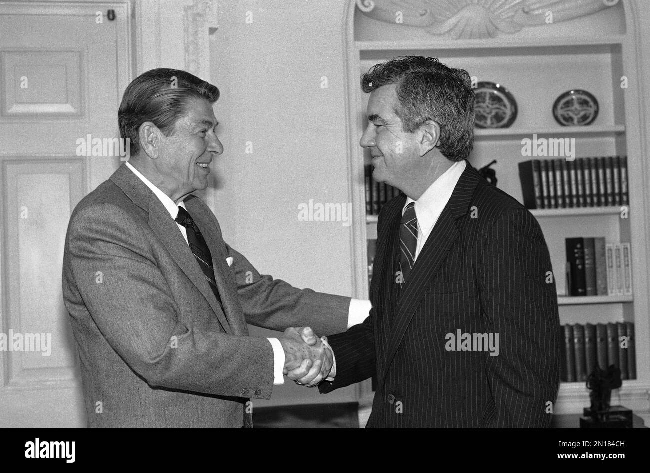 FILE - In this Feb. 27, 1985 file photo, President Ronald Reagan bids ...