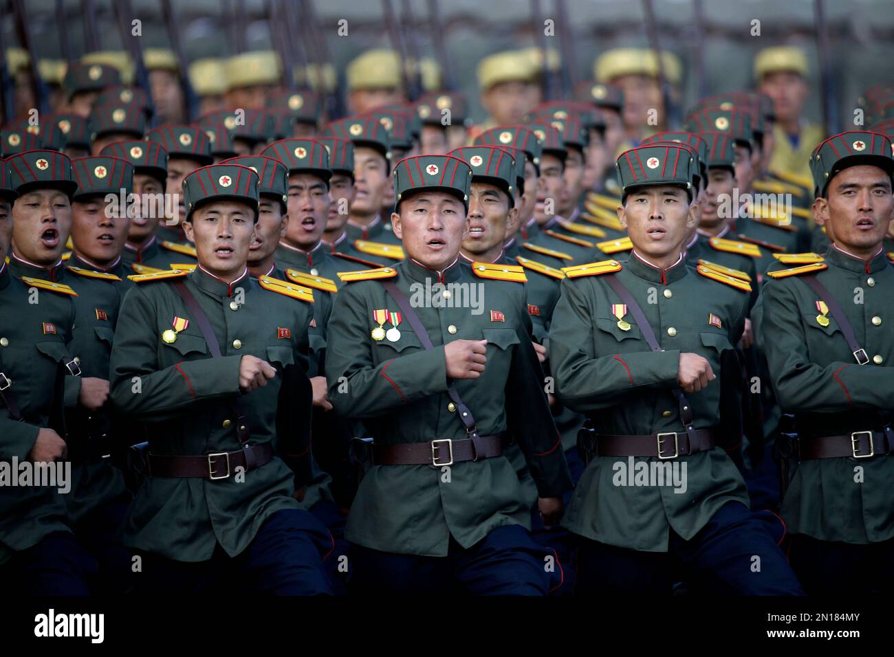 North Korean soldiers, wearing historical uniforms, parade in Pyongyang ...
