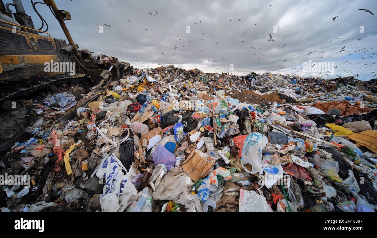 Work of a bulldozer at a landfill Stock Photo - Alamy