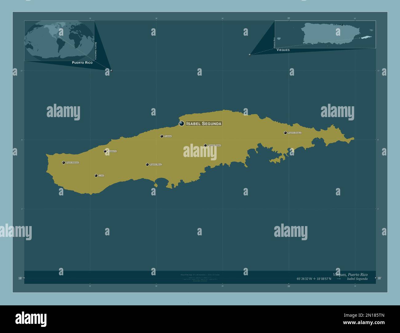 Vieques, municipality of Puerto Rico. Solid color shape. Locations and ...