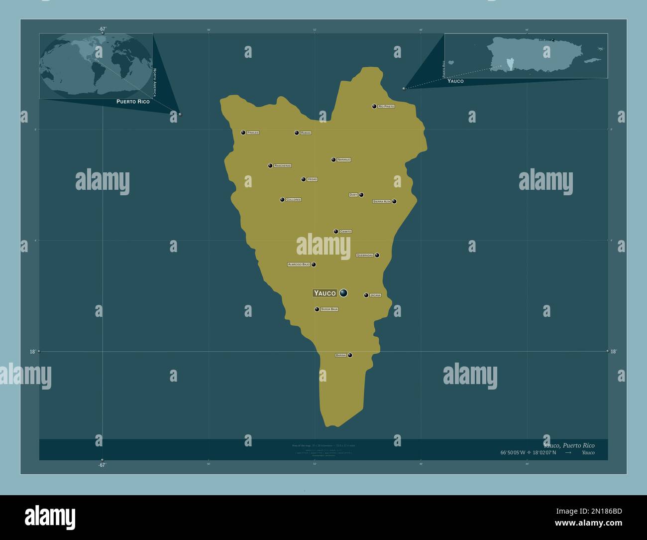 Yauco, municipality of Puerto Rico. Solid color shape. Locations and ...