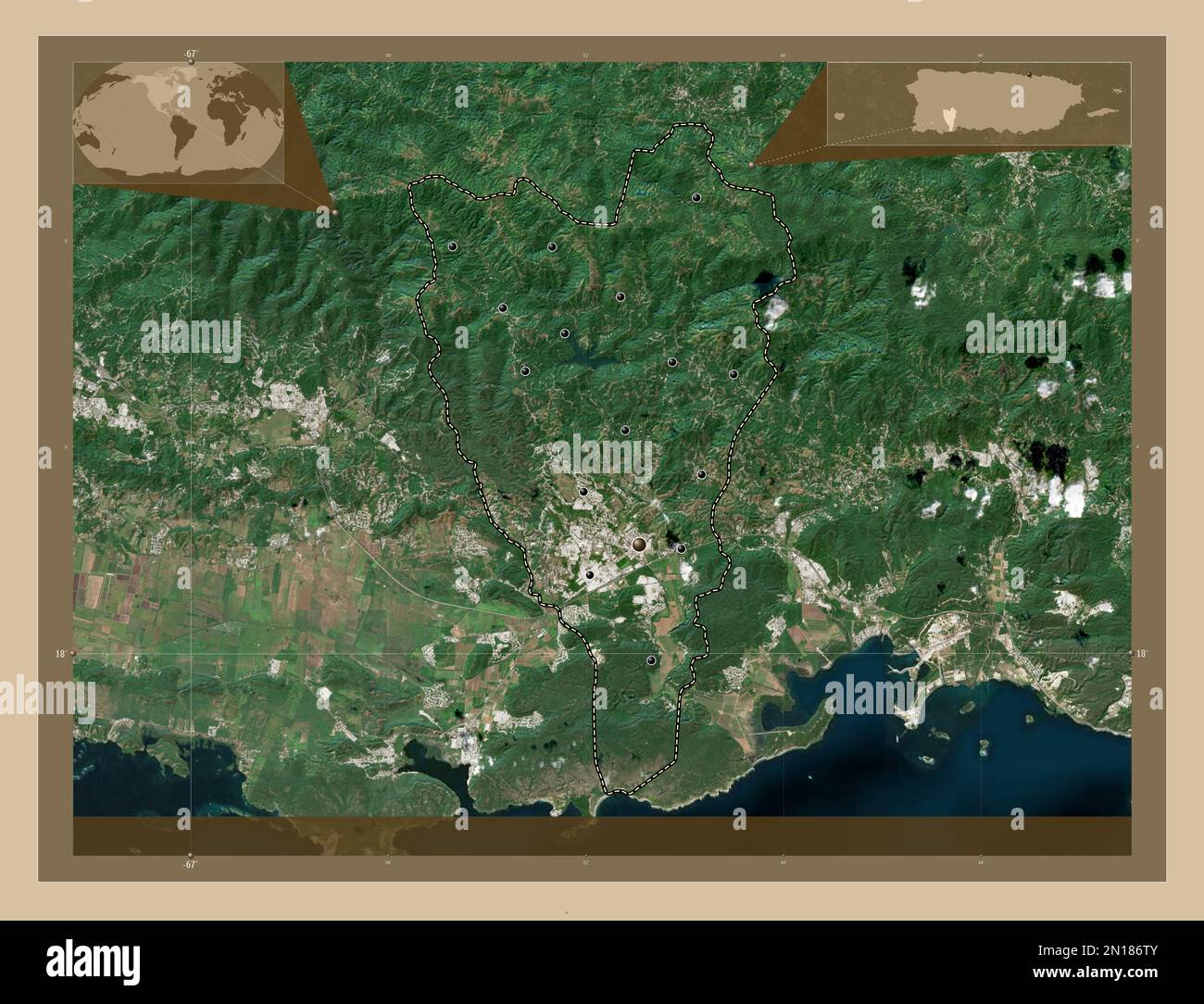 Yauco, municipality of Puerto Rico. Low resolution satellite map. Locations of major cities of ...