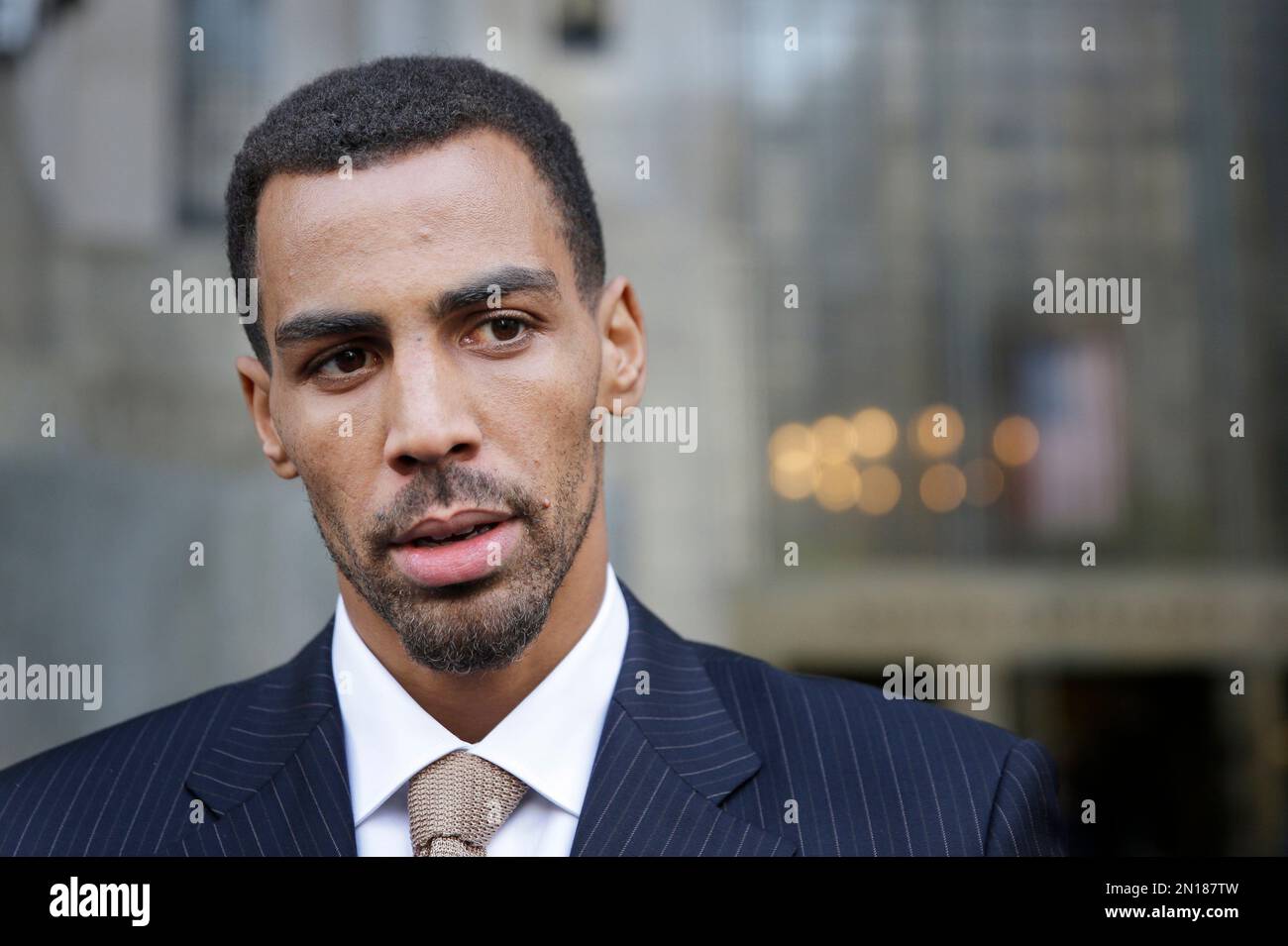 Thabo Sefolosha talks to reporters outside criminal court in New York ...