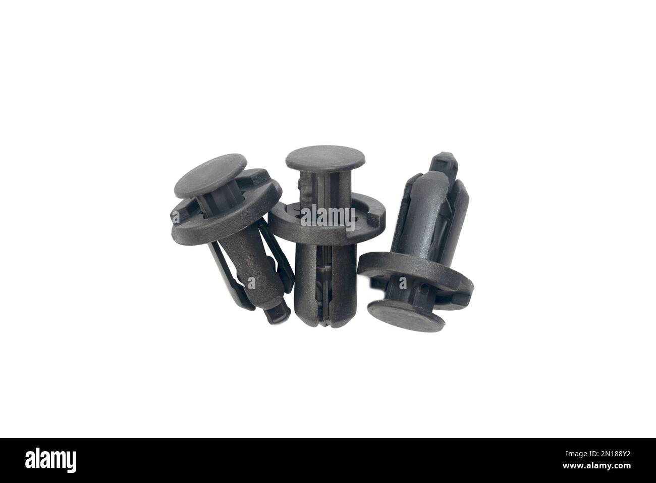 Plastic black clips for the car push type retainter. Close up. Isolated ...