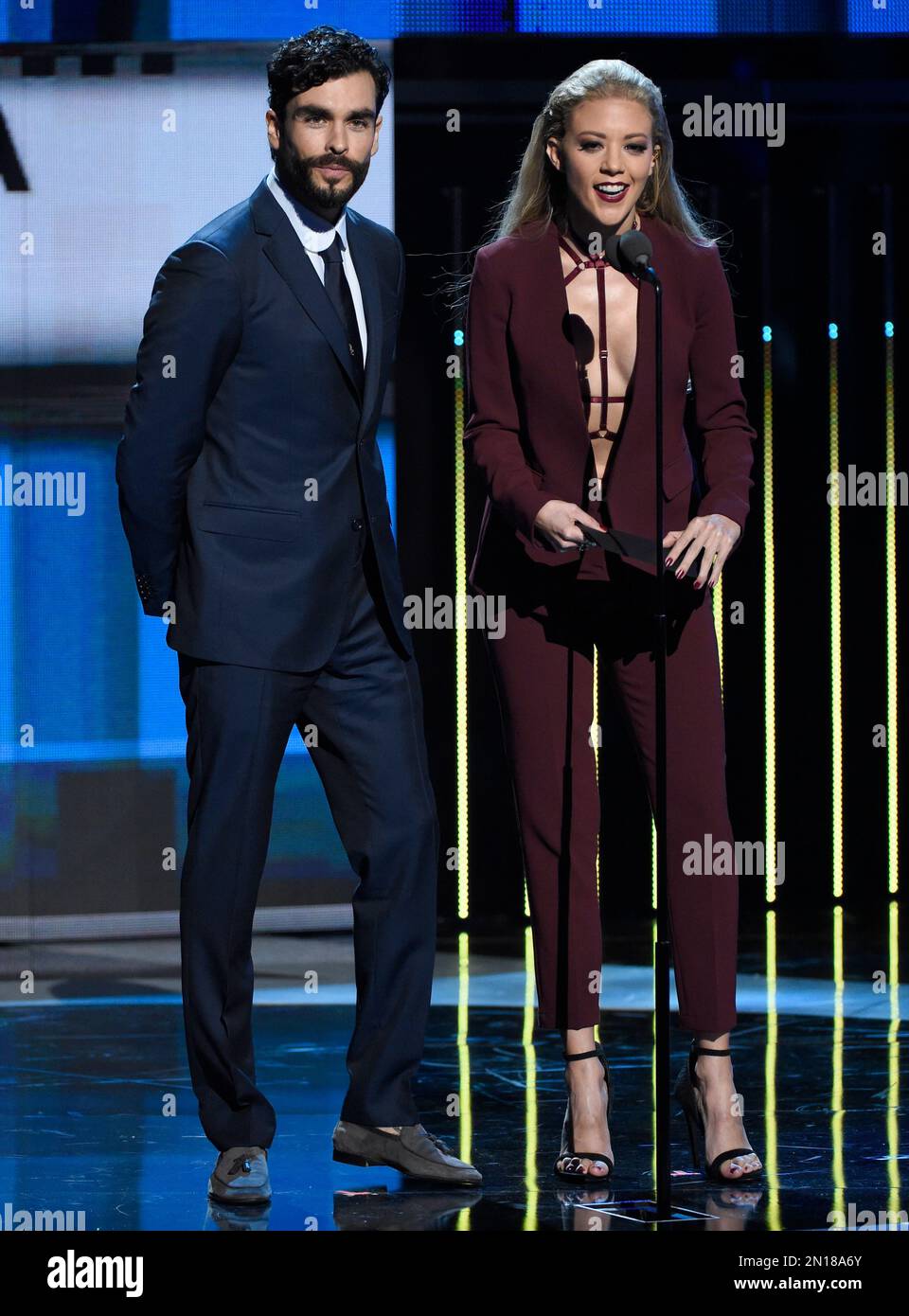 Gonzalo Garcia Vivanco, left, and Fernanda Castillo present the award ...