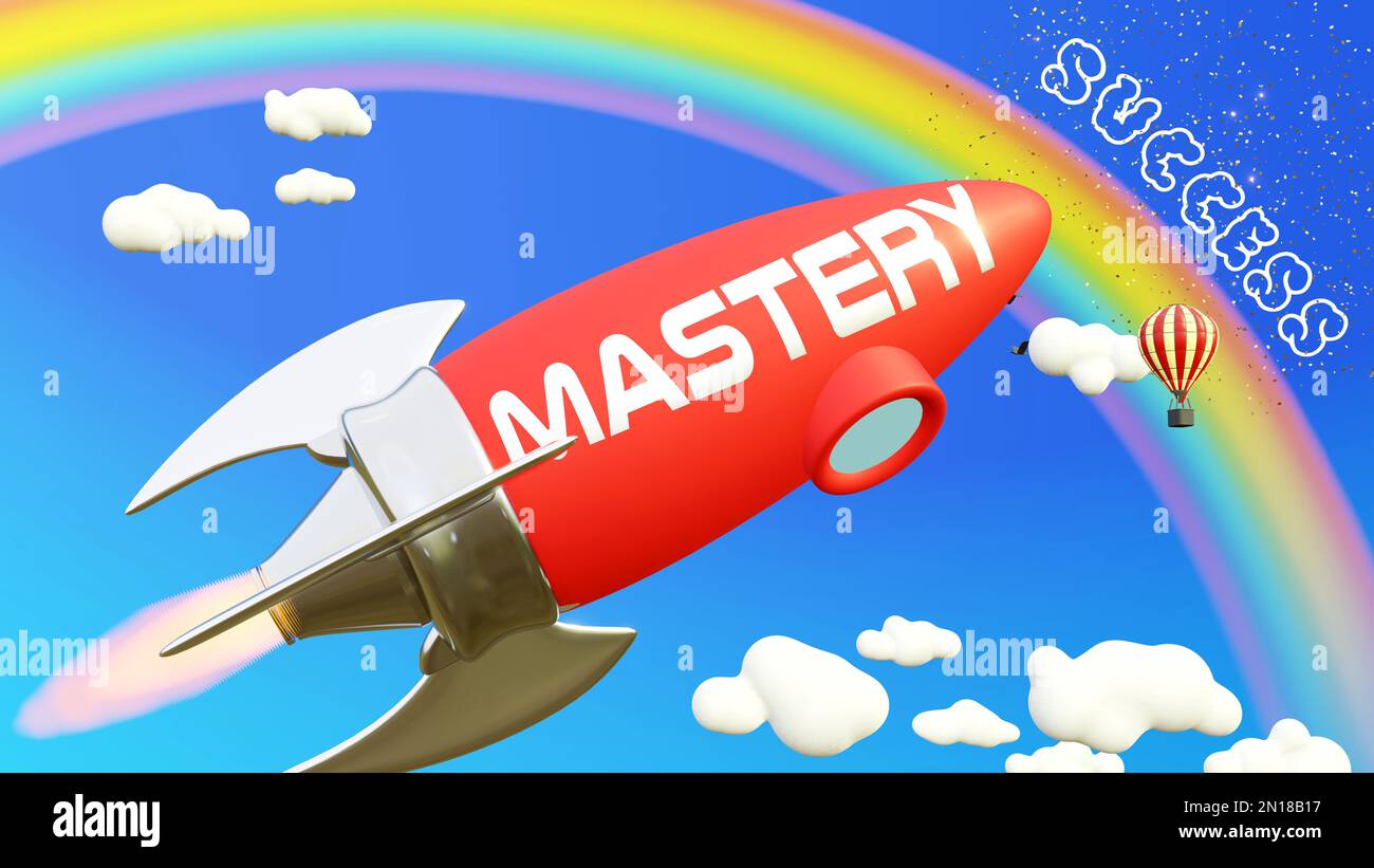 Mastery lead to achieving success in business and life. Cartoon rocket ...