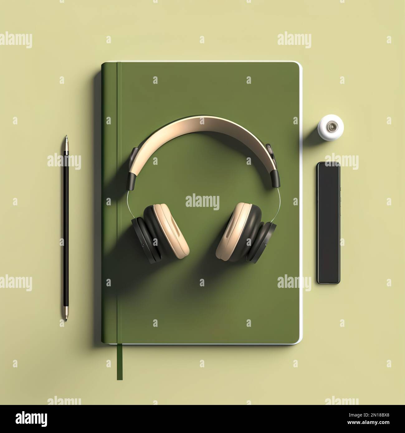 Headphones and notepad at workplace, flat lay Stock Photo - Alamy