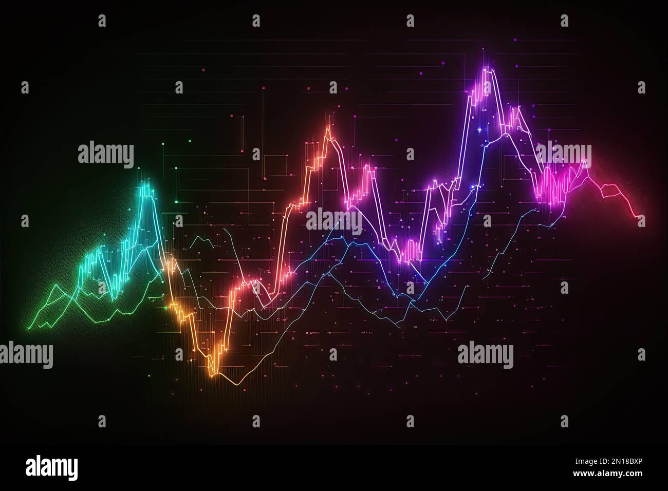 A dark background with visuals of colorful chart. Symbol of trading and ...