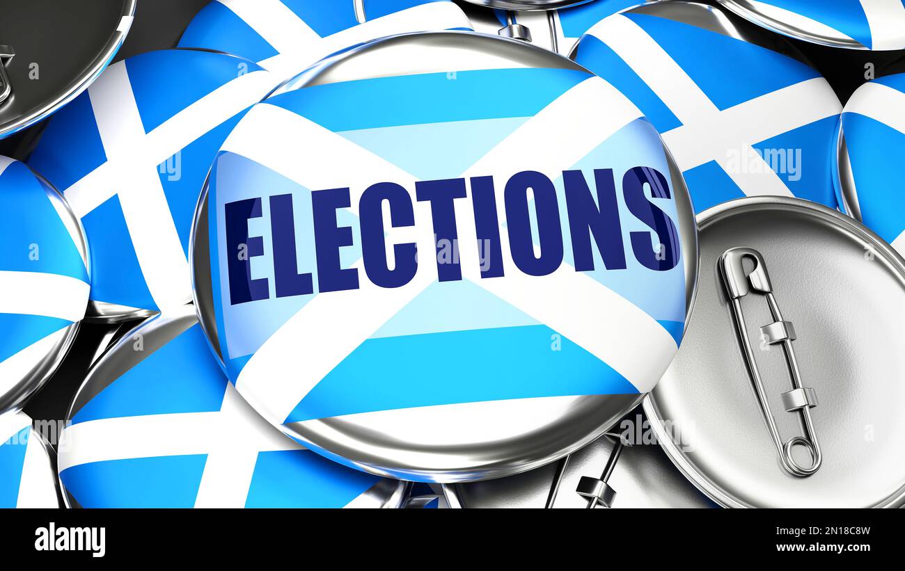 Scotland and Elections - dozens of pinback buttons with a flag of ...