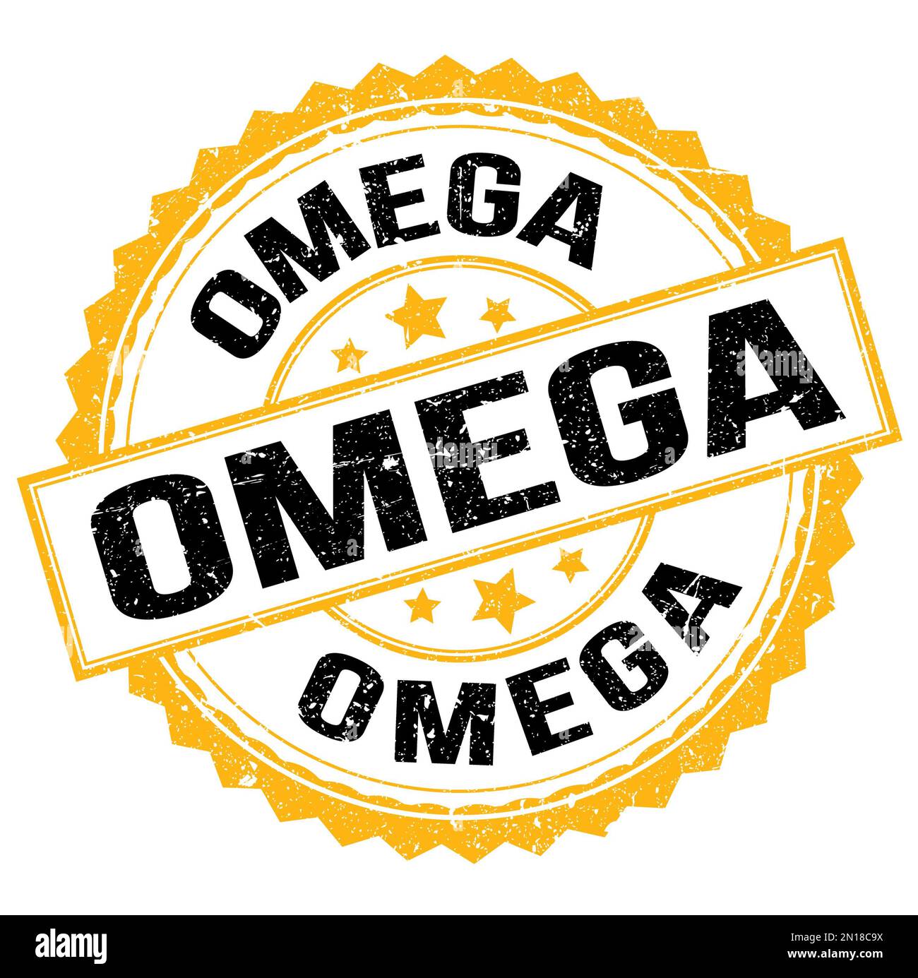 OMEGA text written on yellow-black round stamp sign Stock Photo - Alamy