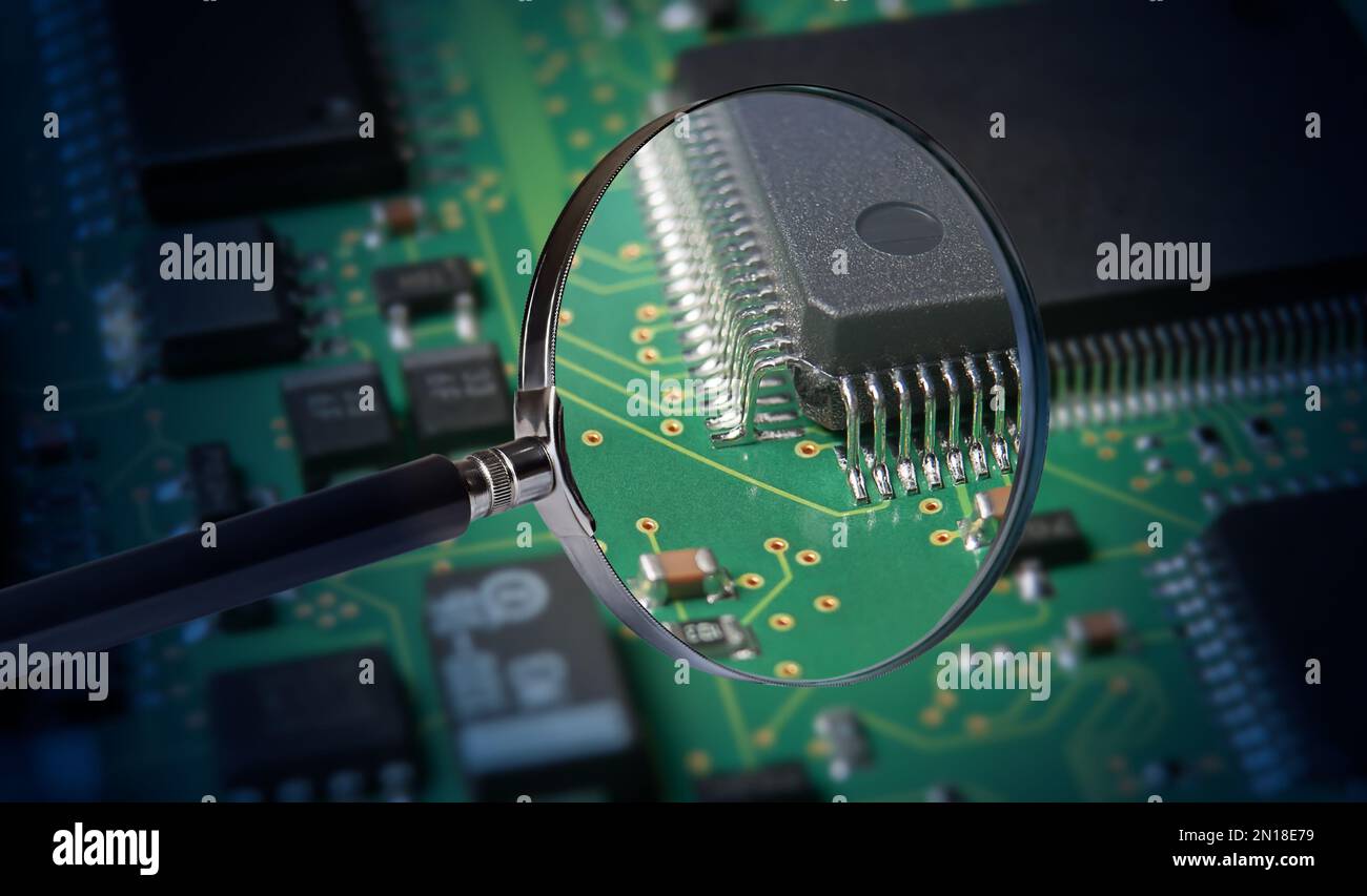 view of printed circuit board with active and passive surface mounted ...