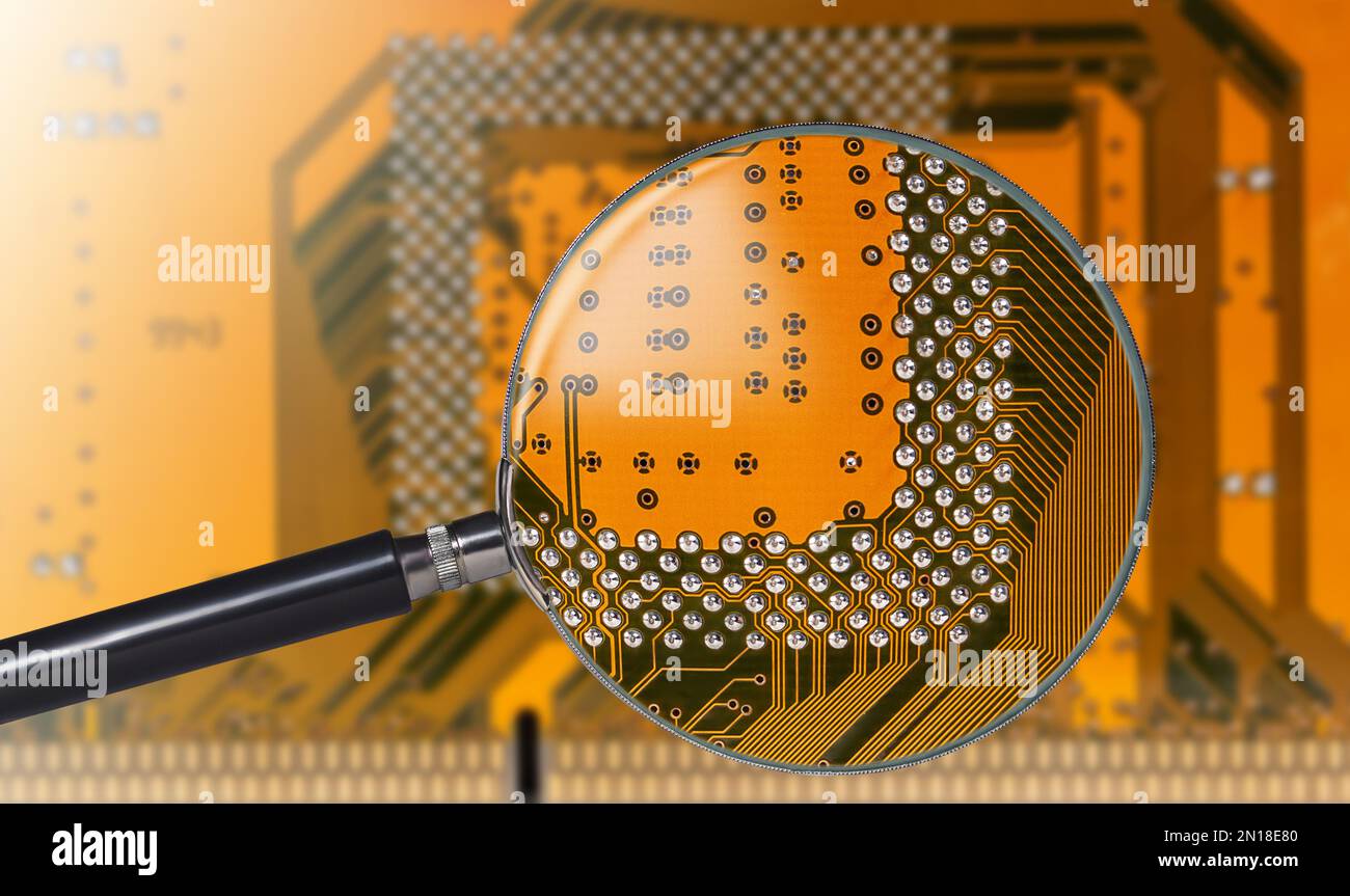 view of printed circuit board with active and passive surface mounted ...