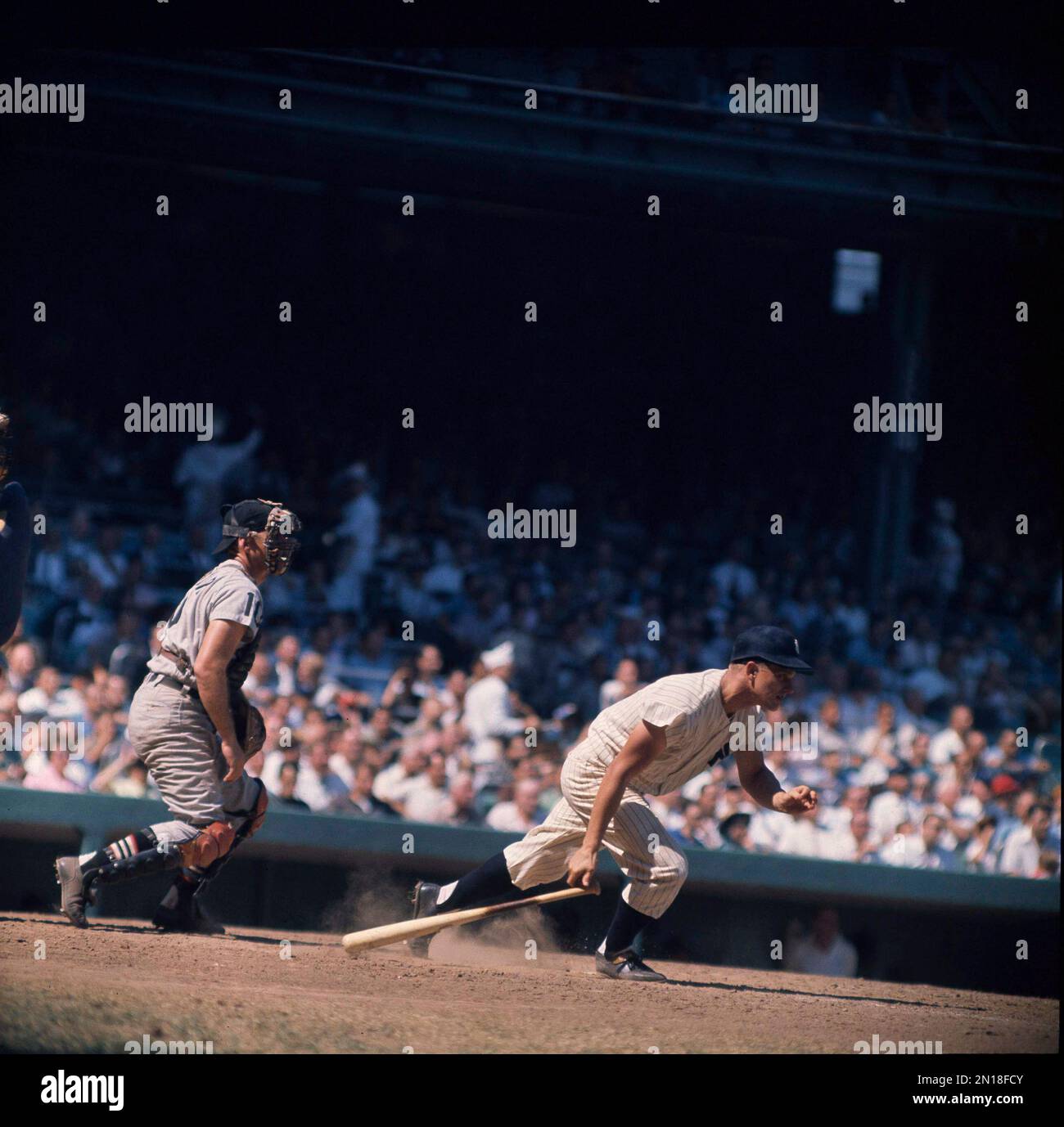 new York Yankees slugger Roger Maris drops his bat as he heads to first ...