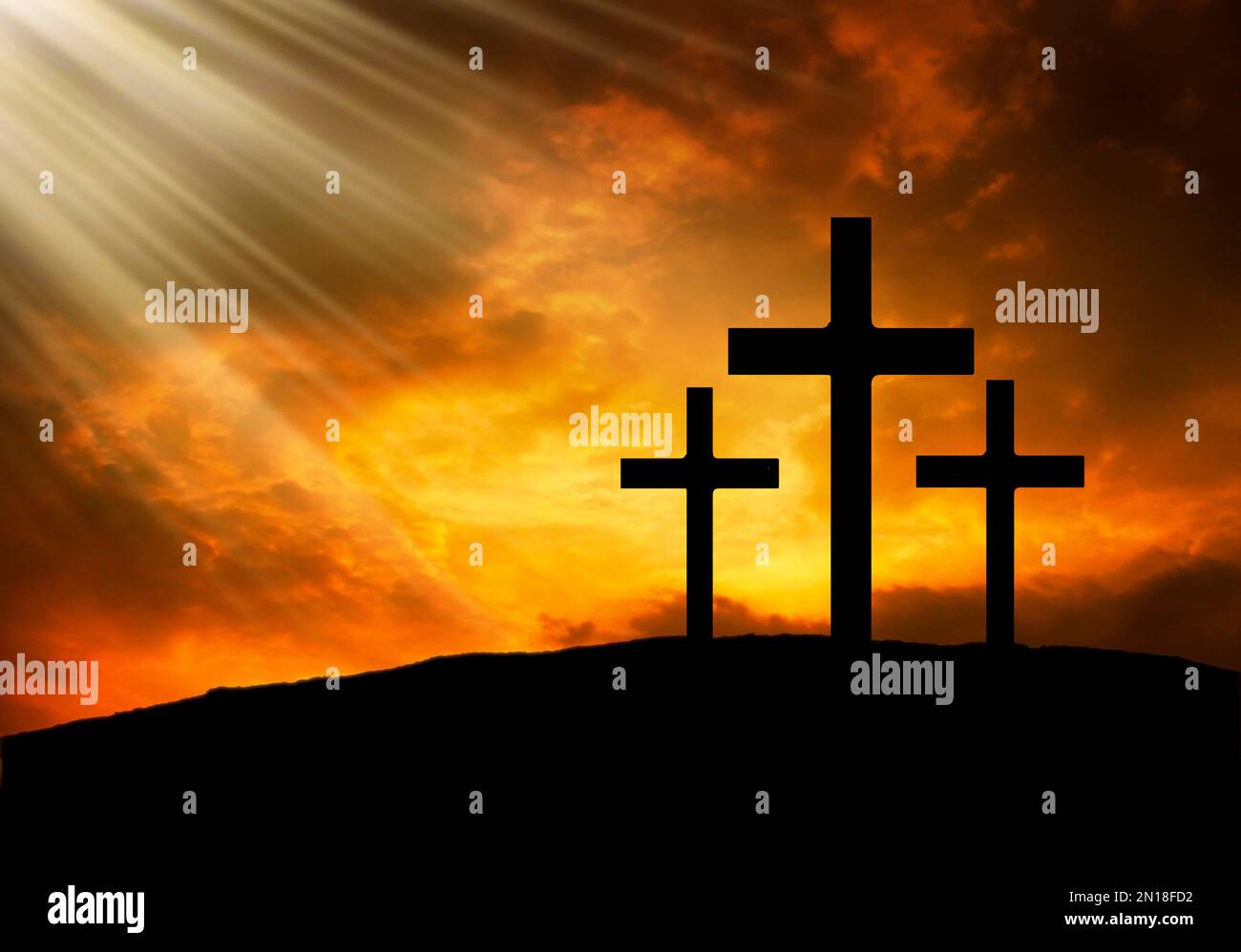 three crosses on a hill, crucifixion of Christ Easter concept Stock ...