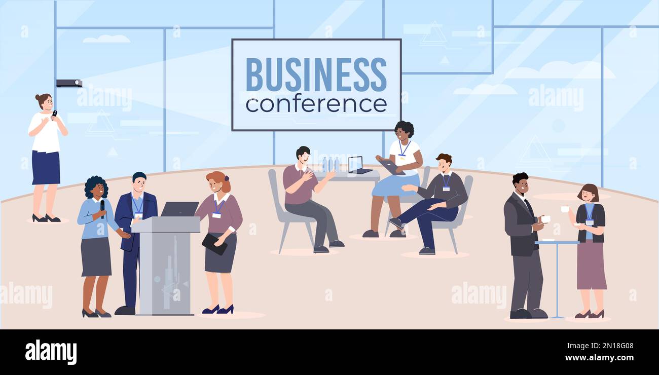 Business conference flat composition with indoor scenery and characters ...