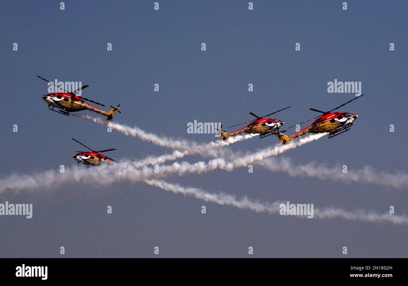 Indian Air Force Sarang Helicopter team display their skill during Air ...