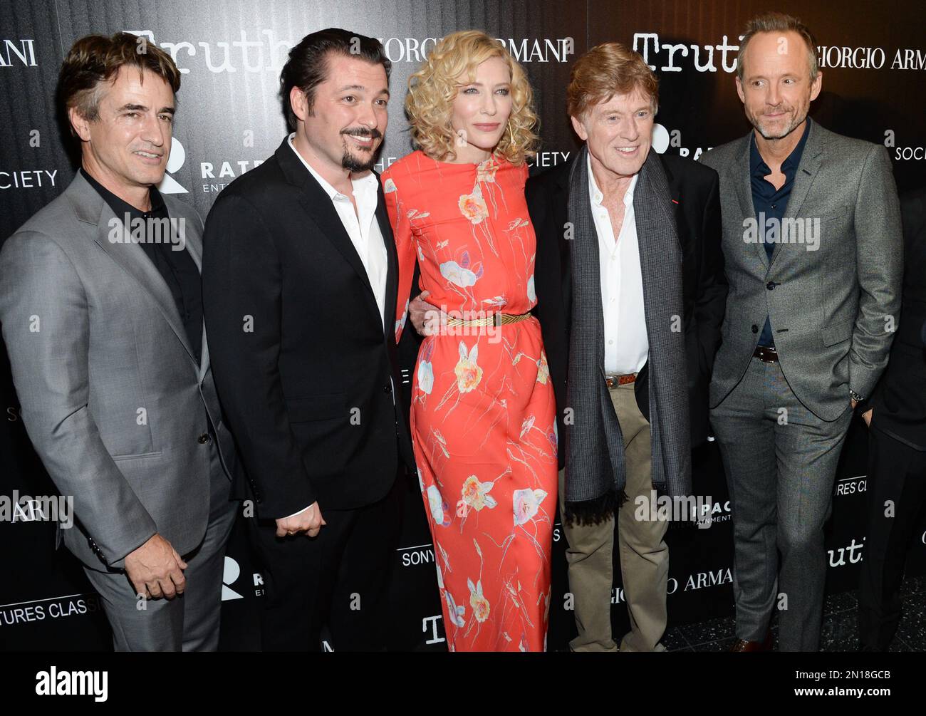 Actors Dermot Mulroney, left, director James Vanderbilt, actor Cate ...
